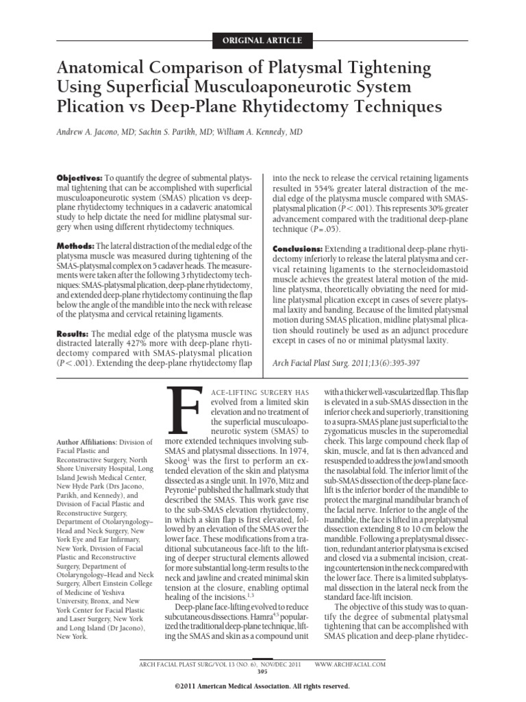 Platysmal Tightening: SMAS vs Deep-Plane | PDF | Neck | Human Anatomy
