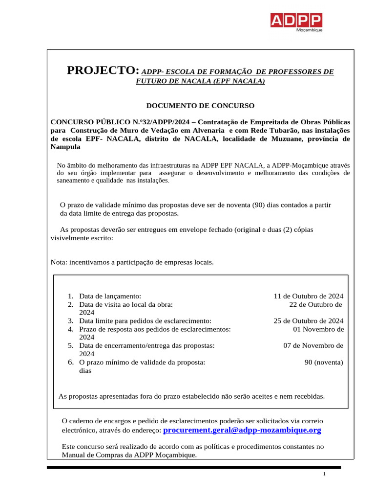 DOCUMENTO DO CONCURSO PÚBLICO #32-ADPP-2024-Muro EPF - Nacala | PDF