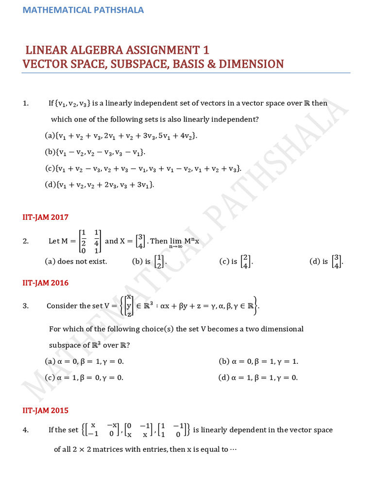 Linear Algebra Assignment 1 Vector Space, Subspace, Basis & Dimension | PDF | Linear Subspace ...
