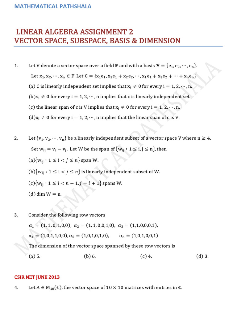 Linear Algebra Assignment 2 Vector Space, Subspace, Basis & Dimension | PDF | Geometry ...