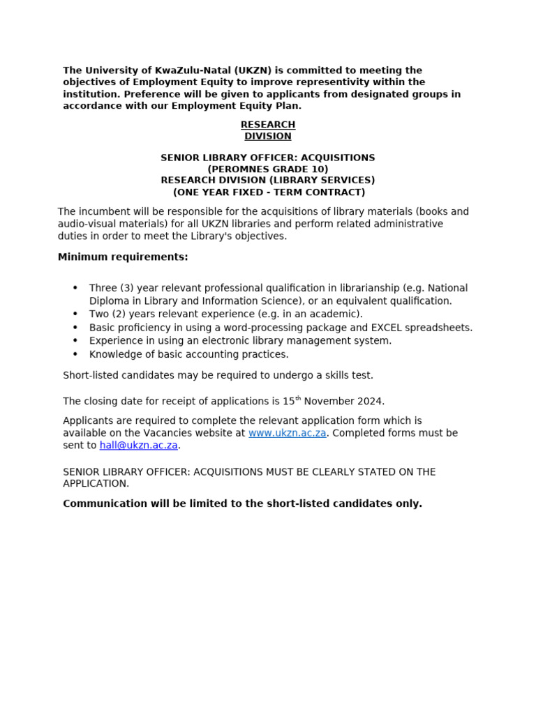 UKZN Senior Library Officer Position | PDF