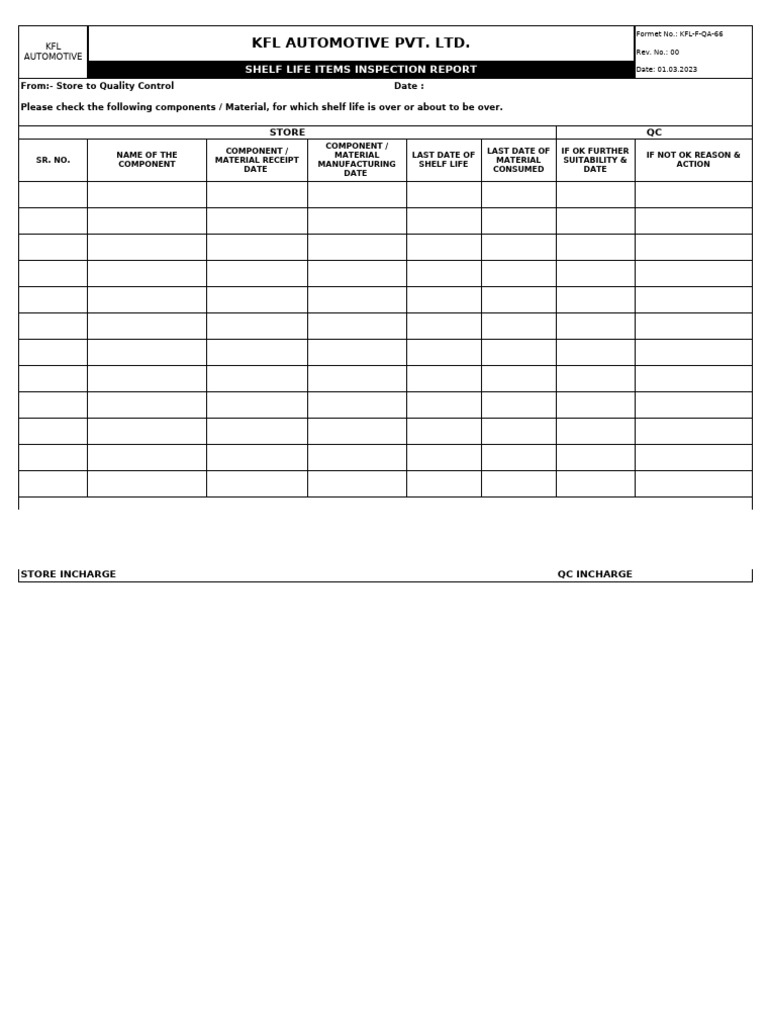 Shelf Life Inspection Report KFL Automotive | PDF