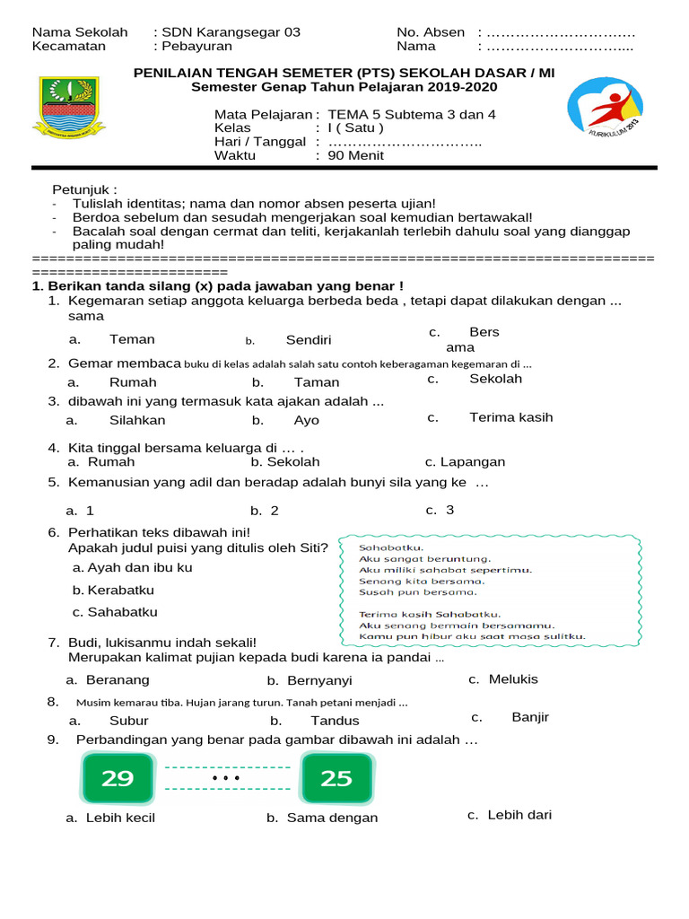 PTS KELAS 1 (Tema 5 Subtema 3 Dan 4) | PDF