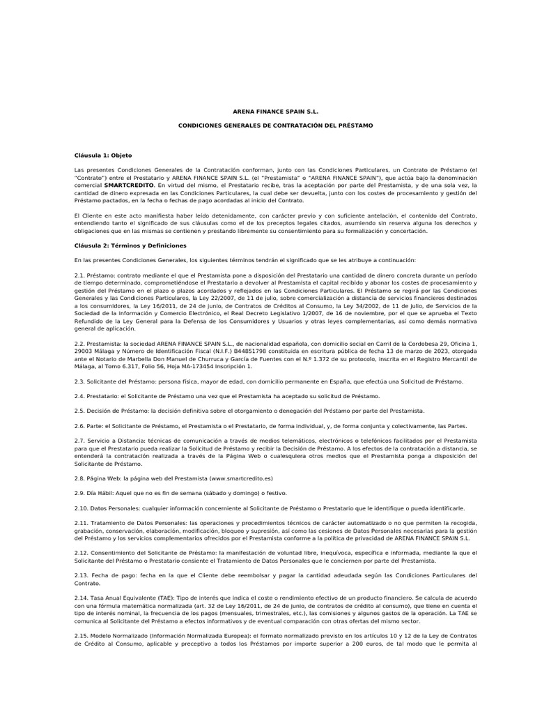 Condiciones Generales de Contratación Del Préstamo | PDF | Préstamos | Pagos