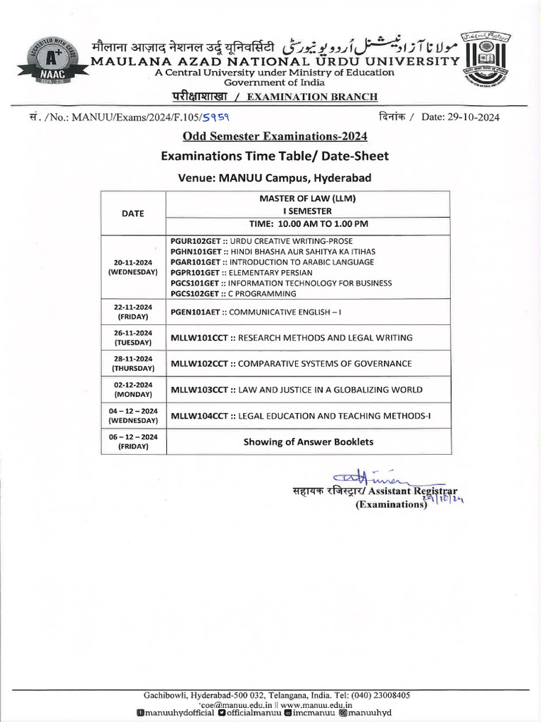Master of Law (LLM) I Sem Time Table | PDF