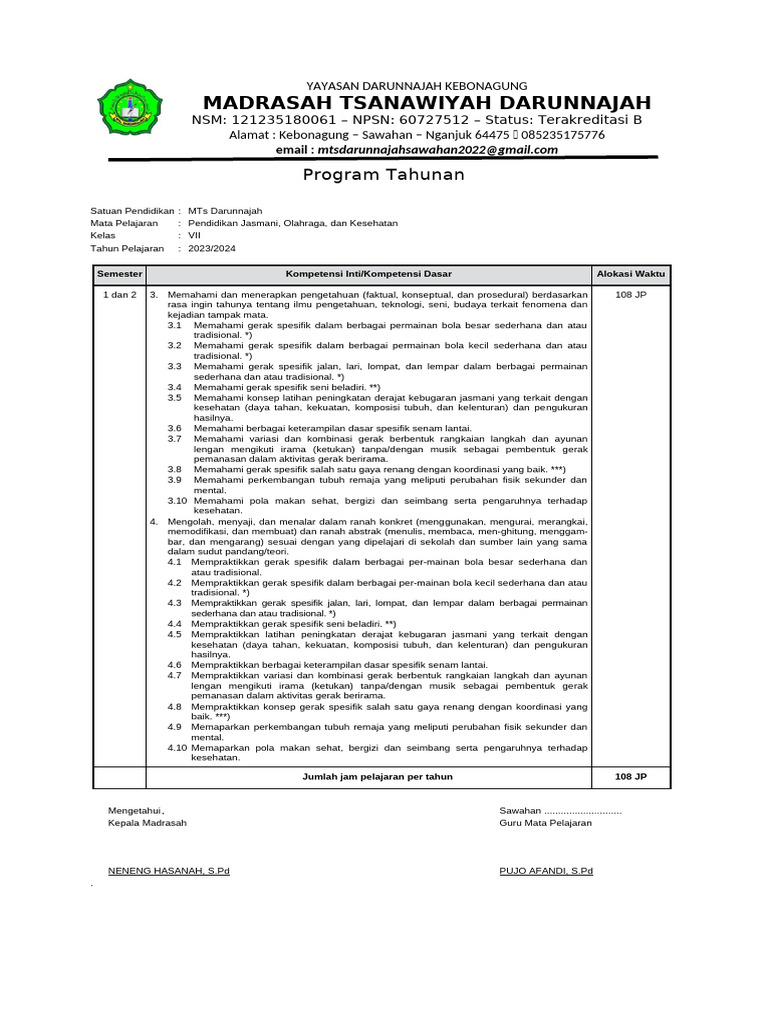 Program Pendidikan Jasmani MTs VII 2023 | PDF