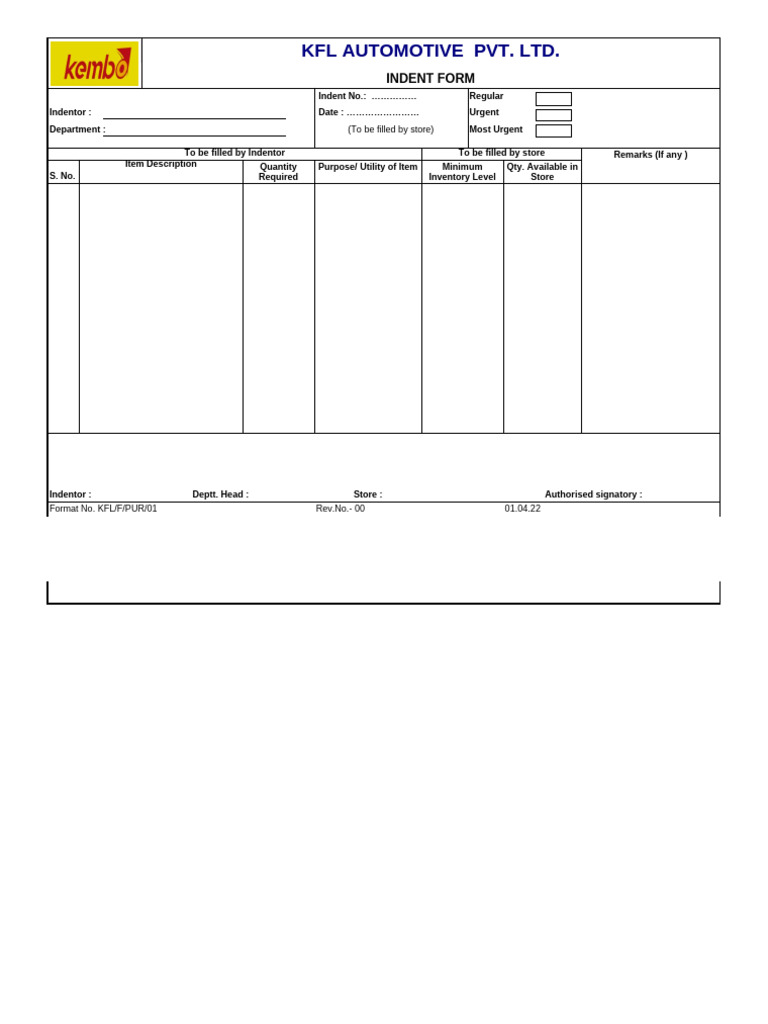 KFL F PUR 01 Indent Form | PDF