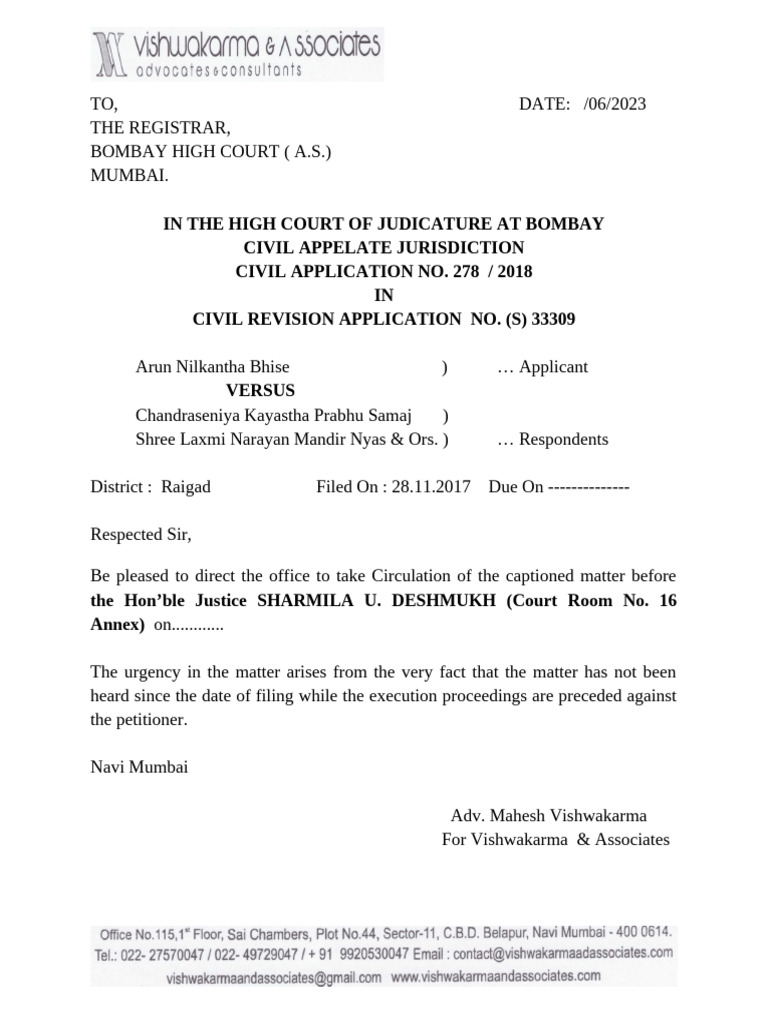 Praecipe-HC-Registrar Arun Bhise 19.06.2023 | PDF