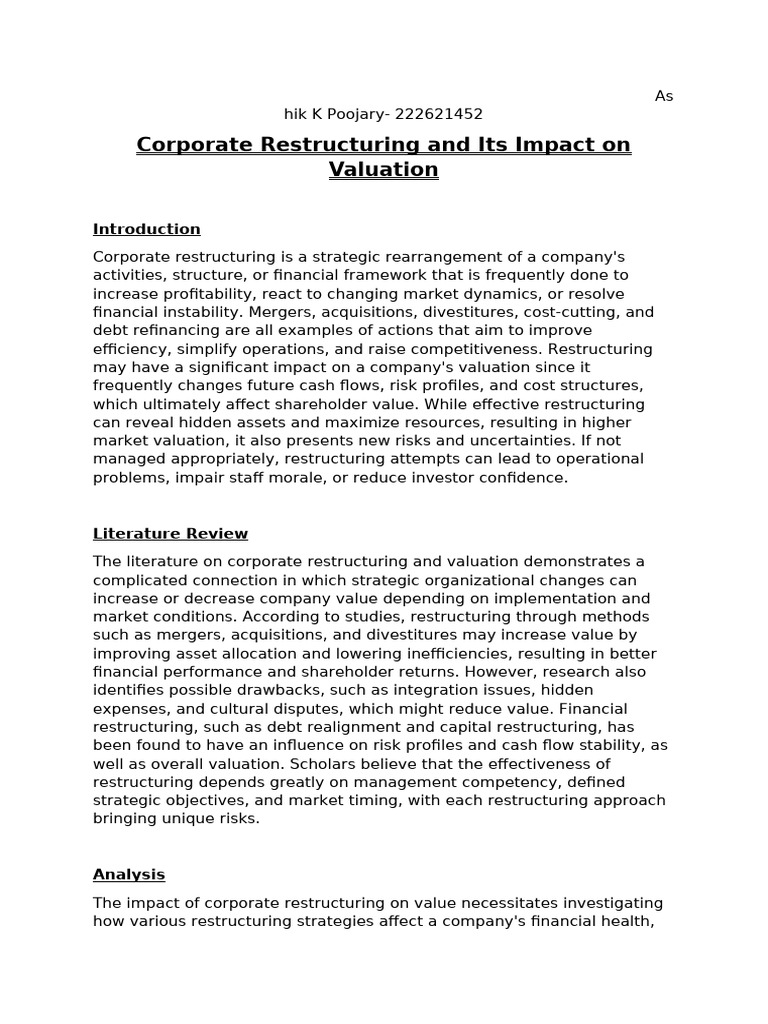 Corporate Restructuring and Its Impact On Valuation | PDF | Valuation ...