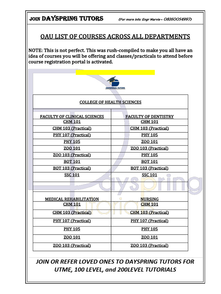 OAU Course List and Tutorial Info | PDF