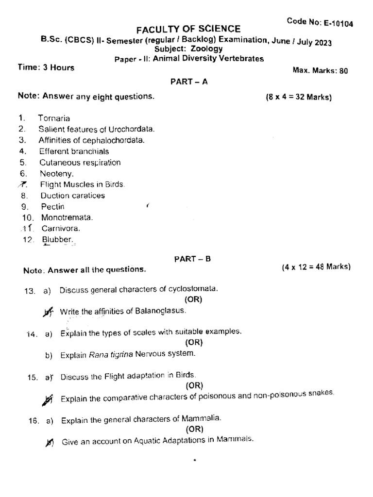 Bsc 2 Sem Zoology p2 Animal Diversity Vertebrates e 10104 Jul 2023 | PDF