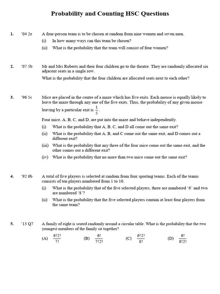 Combinatorics HSC Questions (Probability) | PDF | Mouse Combinatorics HSC Questions (Probability) | PDF | Mouse