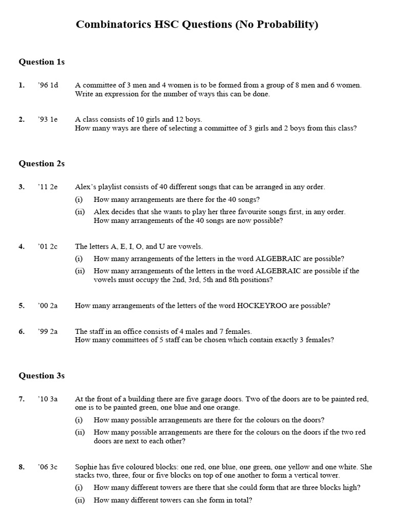 Combinatorics HSC Questions (No Probability) | PDF