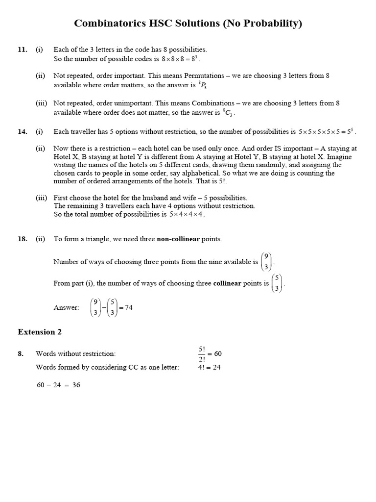 Combinatorics HSC Solutions (No Probability) | PDF | Mathematics | Combinatorics