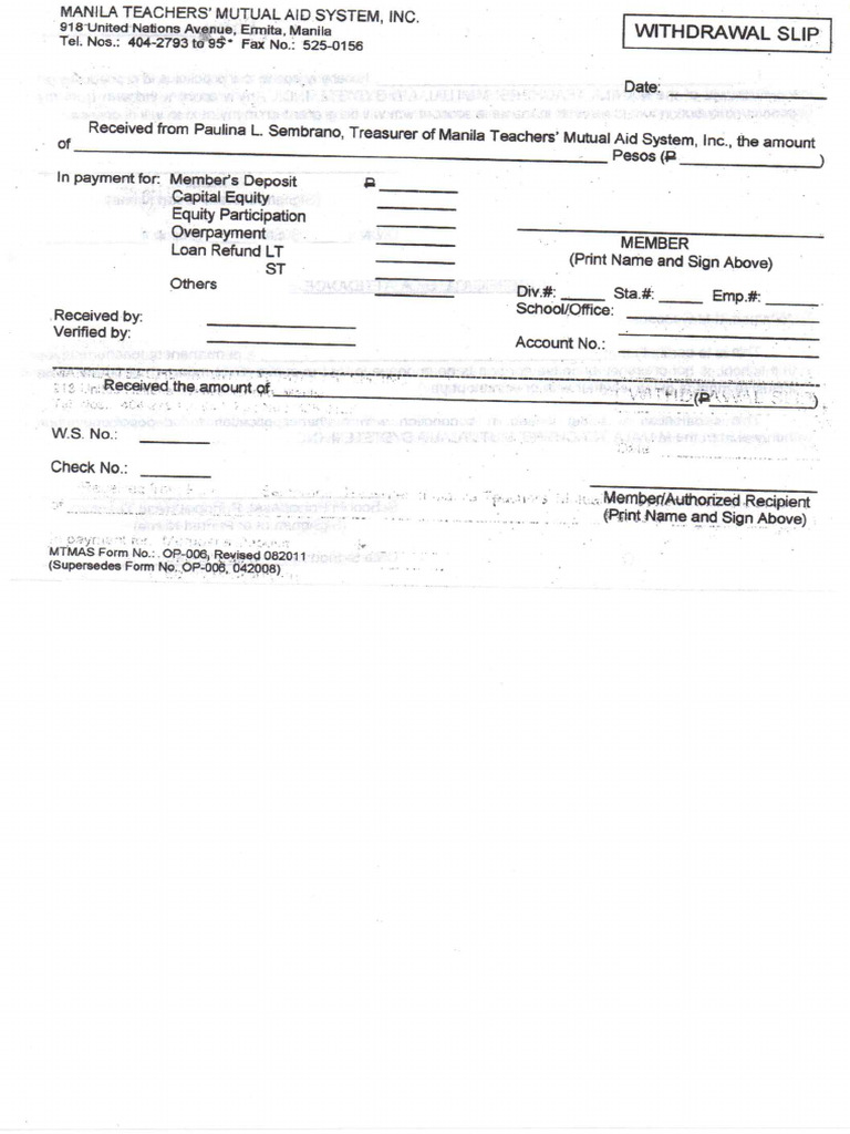 MTMAS Withdrawal Slip FRONT | PDF