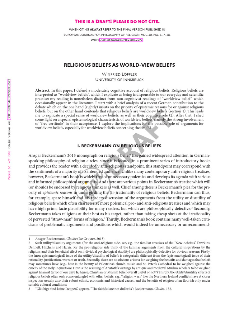 Religious Beliefs as Worldview Beliefs | PDF | Epistemology ...
