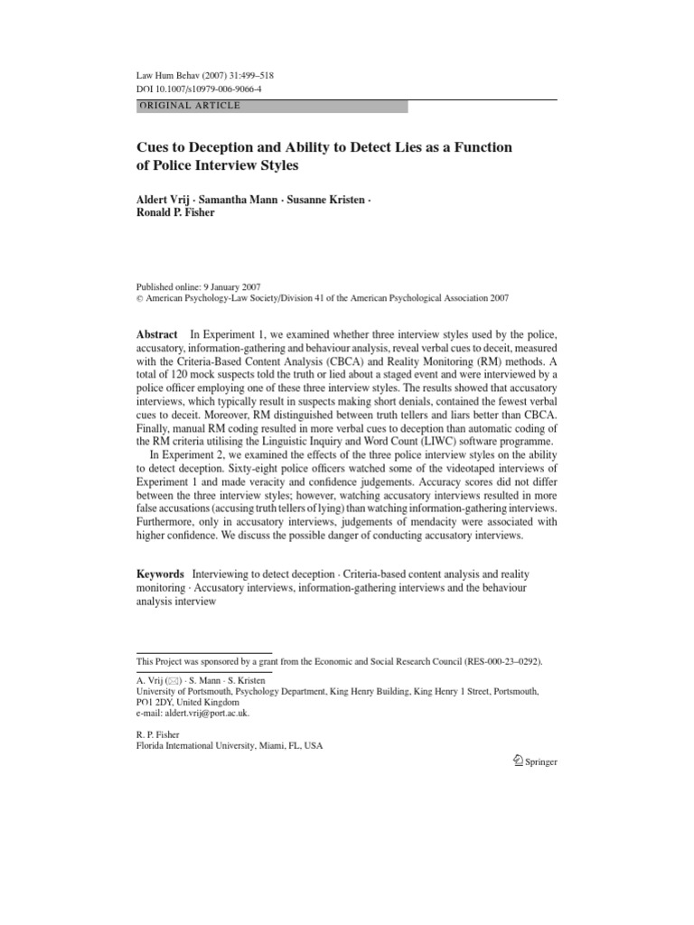 Cues To Deception and Ability To Detect Lies As A Function of Police Interview Styles | PDF ...