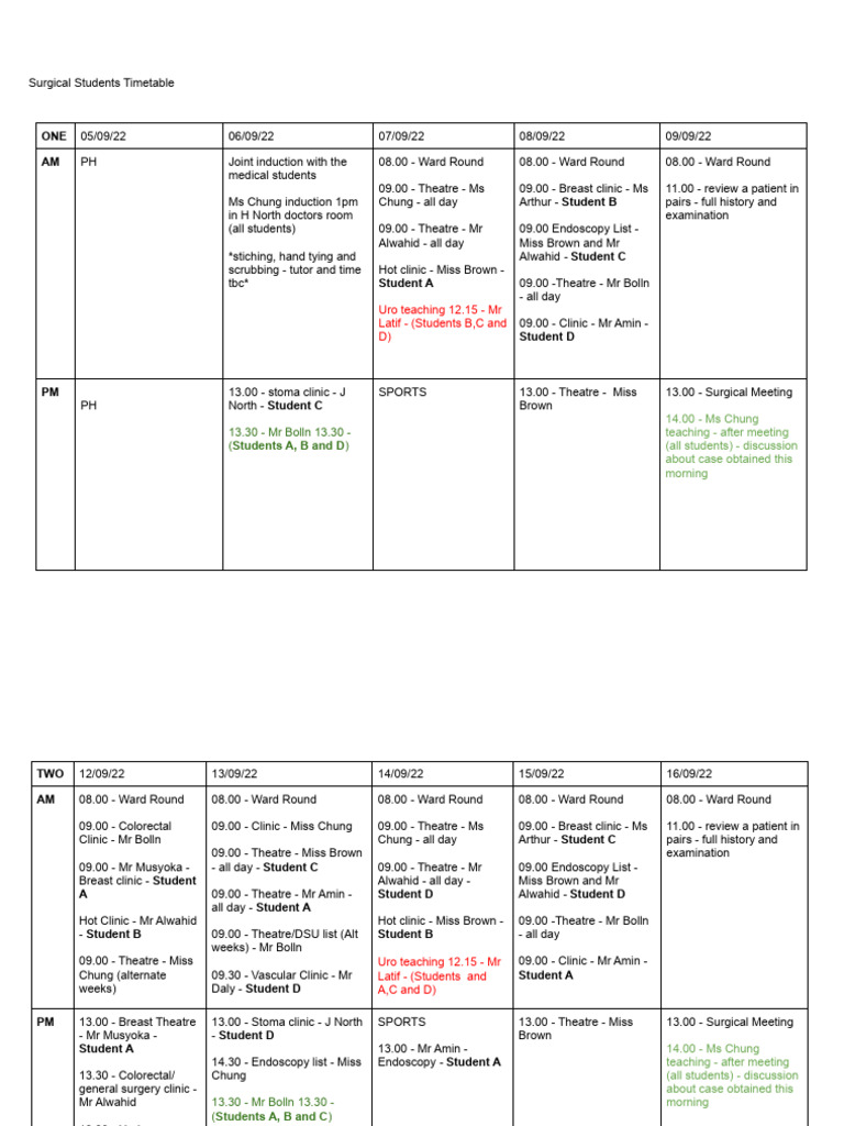 Surgical Student Timetable | PDF | Health Care | Surgical Specialties