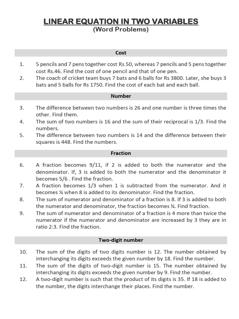 Word Problem Linear Equation Class 10 (24-25-26) | PDF | Length | Area