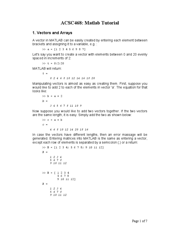 ACSC468: Matlab Tutorial: 1. Vectors and Arrays | PDF | Control Flow | Matrix (Mathematics)