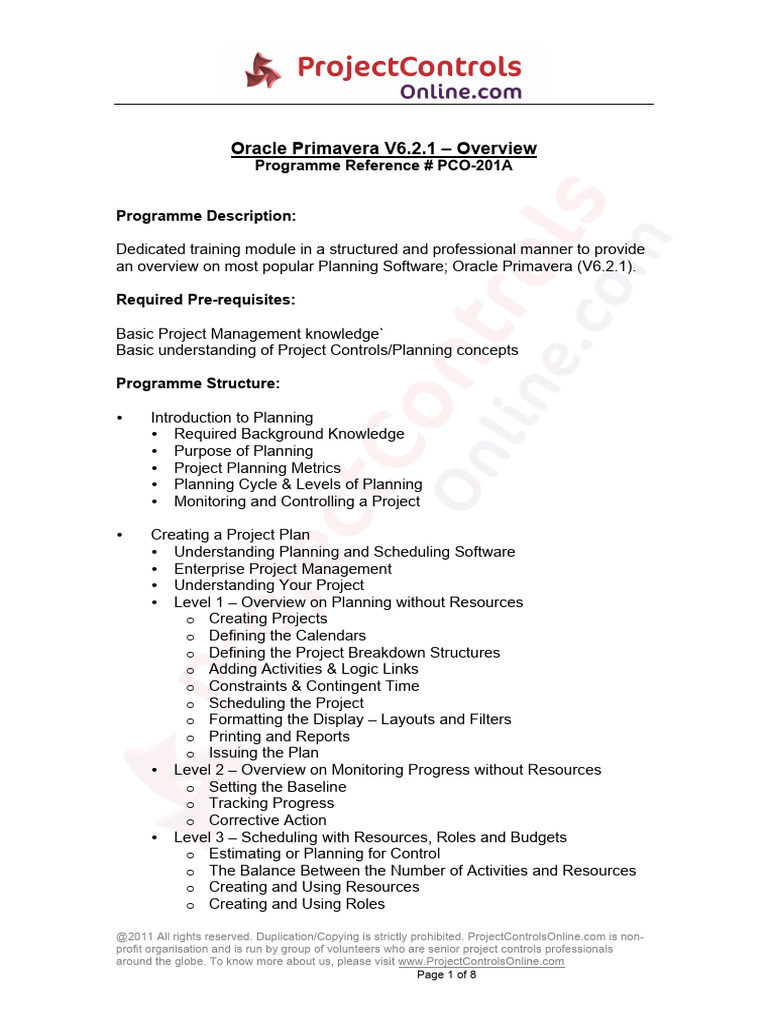 Oracle Primavera Training Guide | PDF | Computing | Software