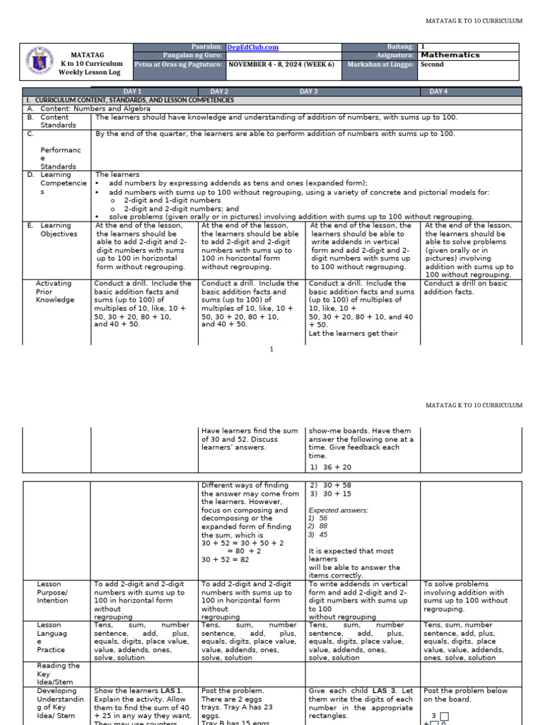 DLL Matatag - Mathematics 1 - Q2 - W6 | PDF | Curriculum | Education Theory