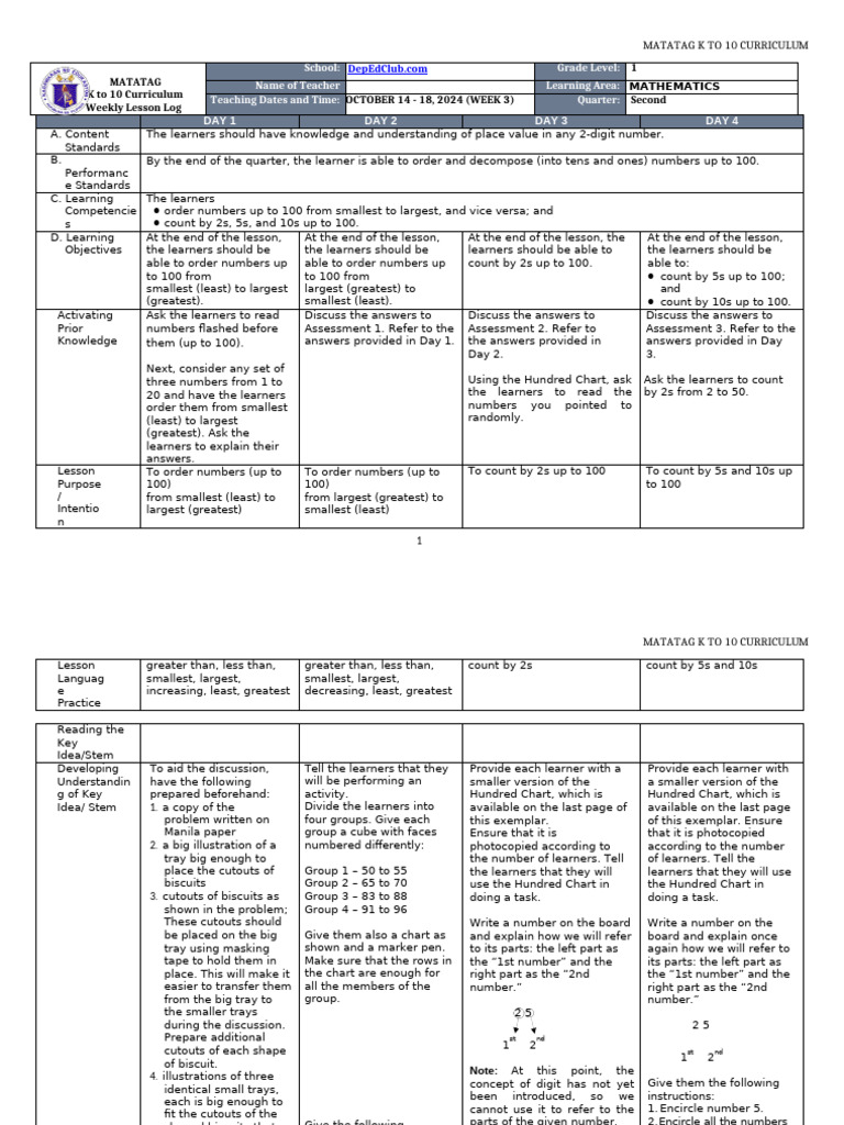 DLL Matatag - Mathematics 1 - Q2 - W3 | PDF | Curriculum | Behavior Modification