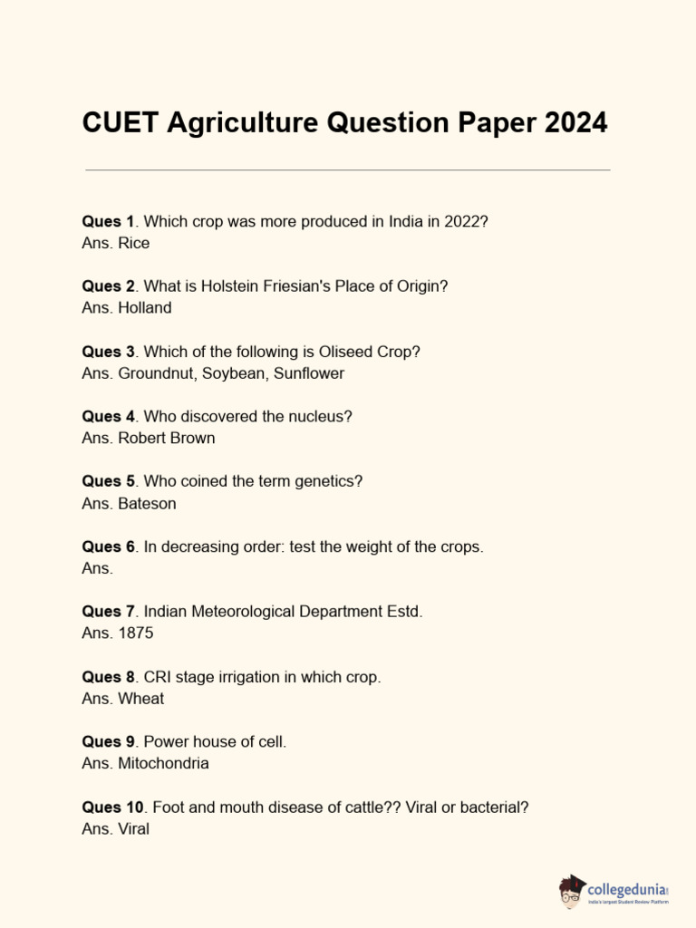 CUET Agriculture Question Paper 2024 | PDF | Milk | Crops