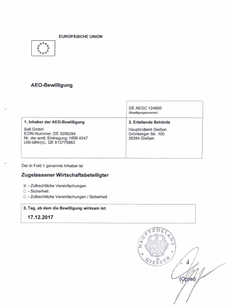Aeo-C Certificate - Safran Cabin Germany GMBH | PDF
