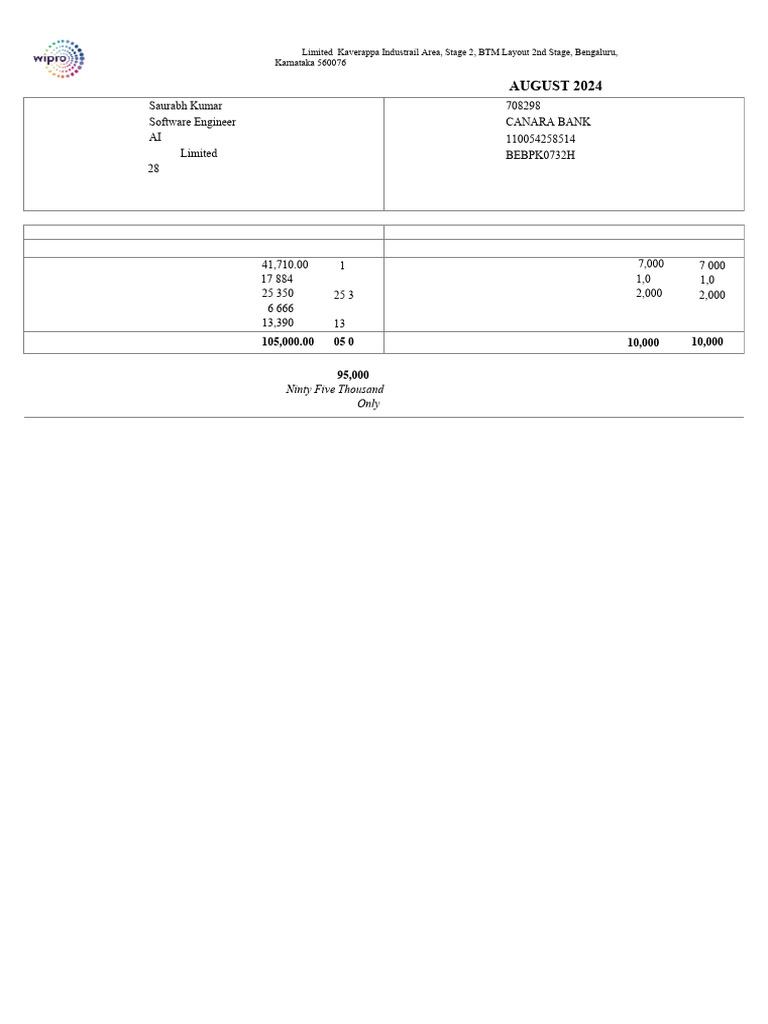 Wipro August 2024 Payslip Sample | PDF | Payments | Taxes