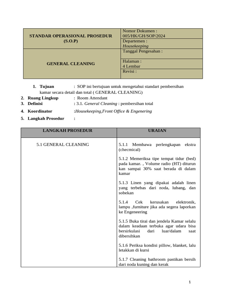 005 Sop General Cleaning | PDF