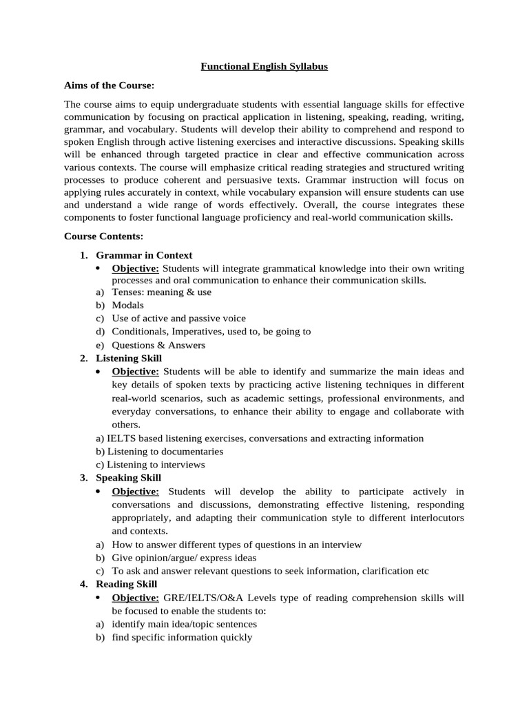Functional English Syllabus | PDF | Communication | Vocabulary