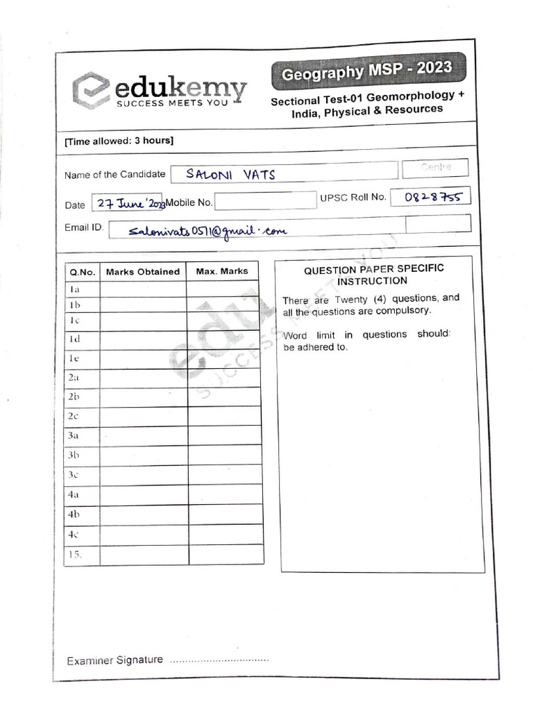 Saloni Vats Rank 129 Answer Booklet 1 | PDF