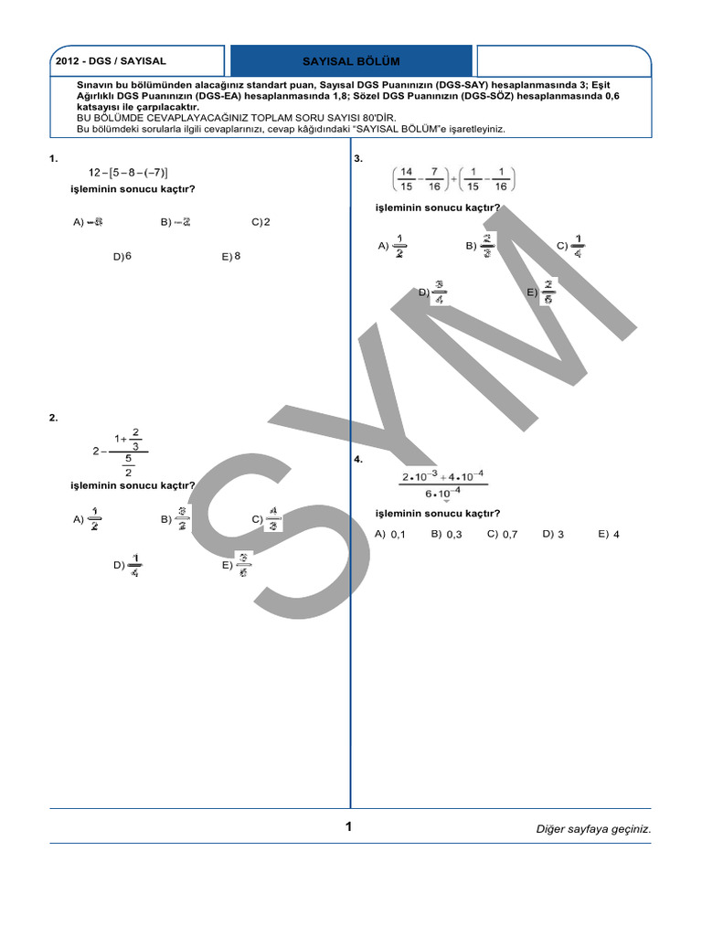 Dgs Sayisal Cikmis Sorular Ve Cevaplari | PDF