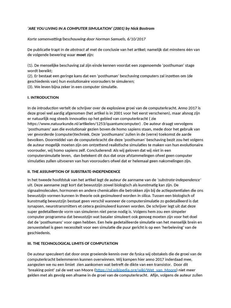 The Simulation Argument by Nick Bostrom (2001), Een Beschouwing Door ...