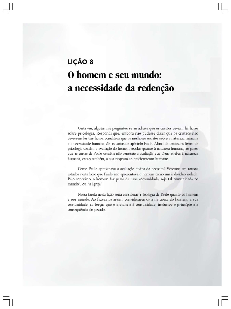 Lição 8 - O Homem e Seu Mundo - A Necessidade Da Redenção | PDF ...