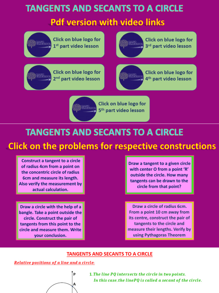 TANGENTS AND SECANTS TO A CIRCLE - PDF Version With Video Links-1 | PDF ...