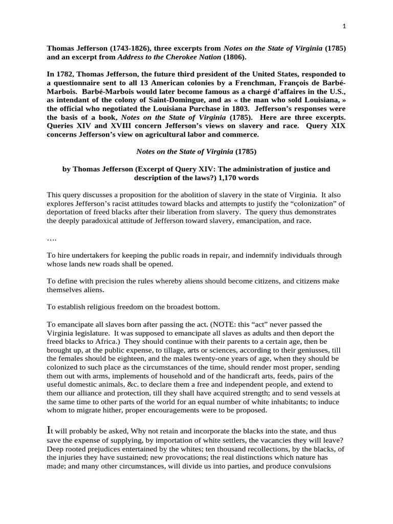 Thomas Jefferson 1743-1826, Three Excerpts From Notes On The State of ...