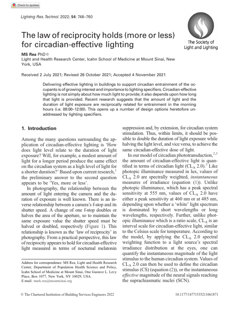 Rea 2022 The Law of Reciprocity Holds (More or Less) For Circadian Effective Lighting | PDF