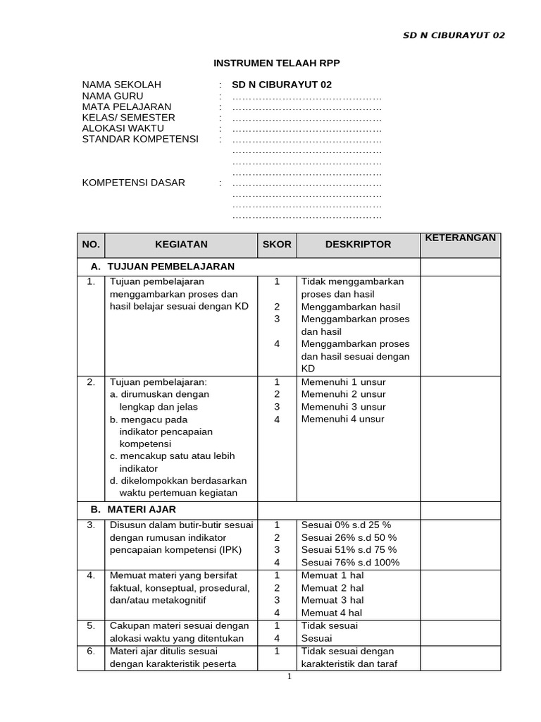 INSTRUMEN TELAAH RPP Baru | PDF | Karier & Perkembangan
