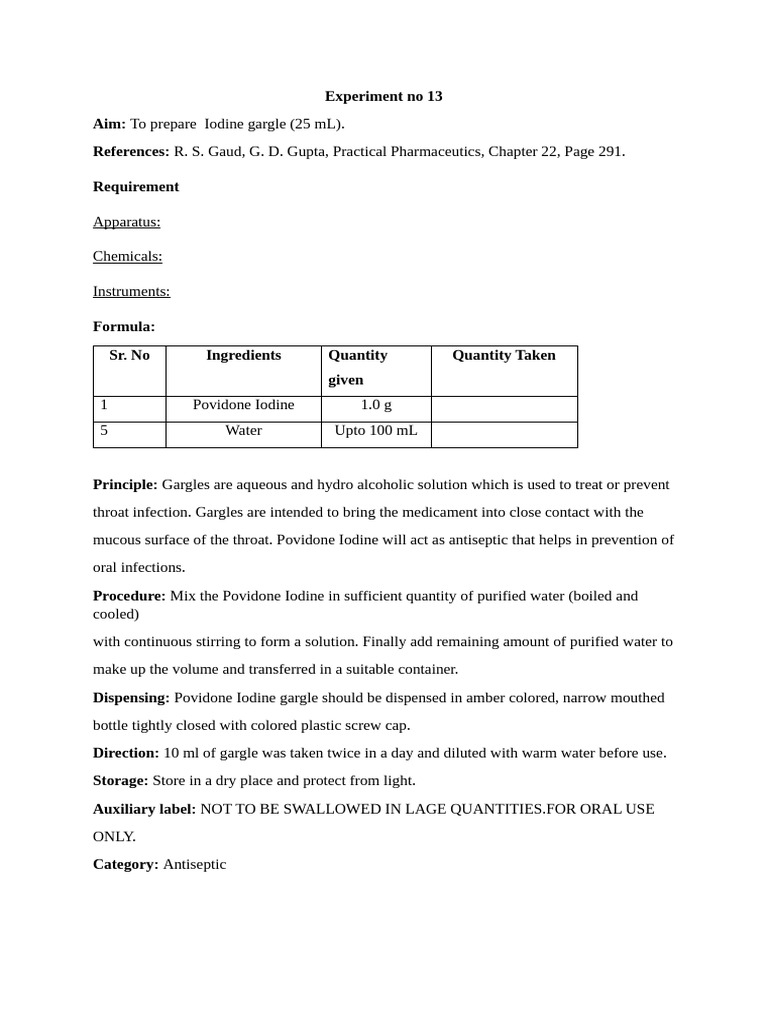 Iodine Gargle Preparation Guide | PDF