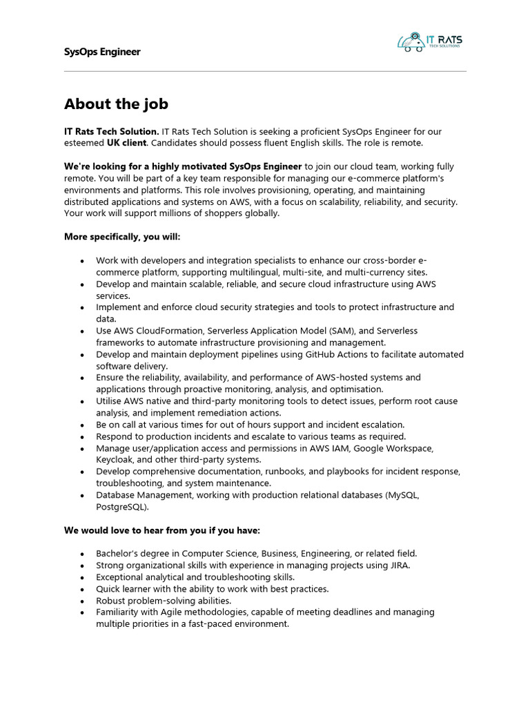 SysOps Engineer - Fully Remote | PDF | Cloud Computing | Amazon Web Services