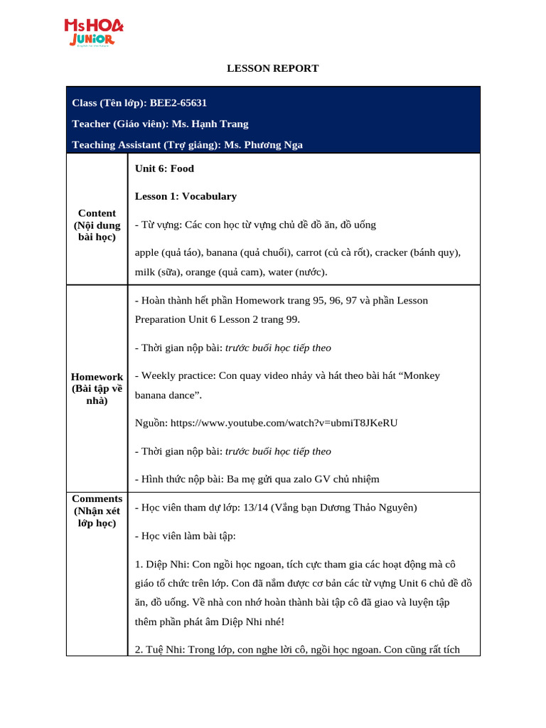 Lesson Report - U6 - L1 - Kiddie | PDF