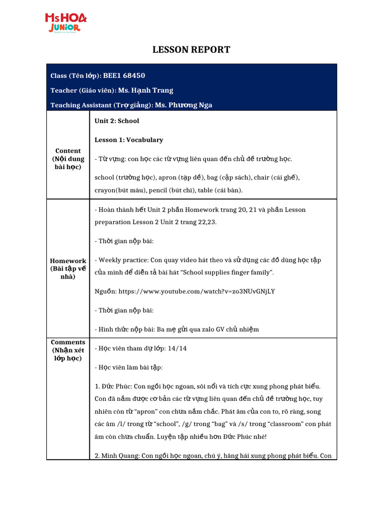 Lesson Report - U2 - L1 - Kiddie | PDF