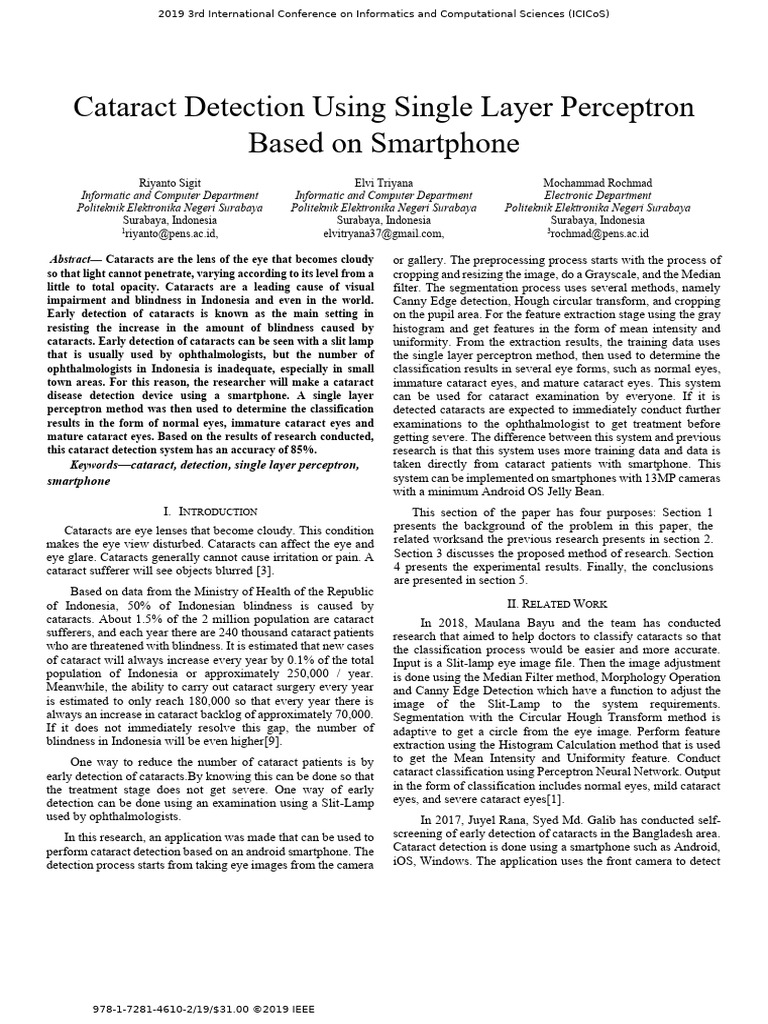 Cataract Detection Using Single Layer Perceptron Based On Smartphone