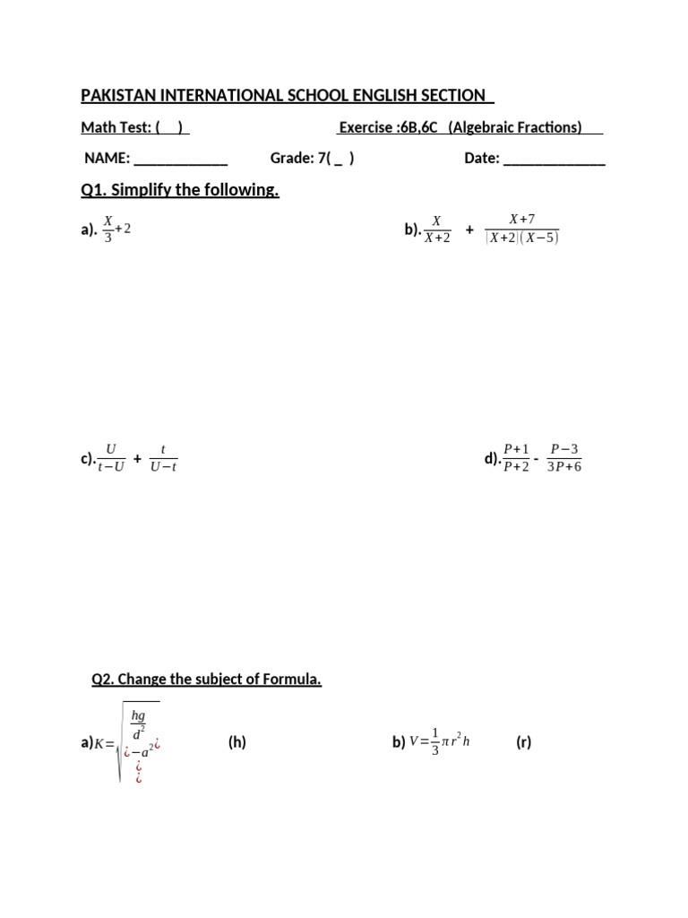 G7 Math Test Exercise 6B, 6C | PDF