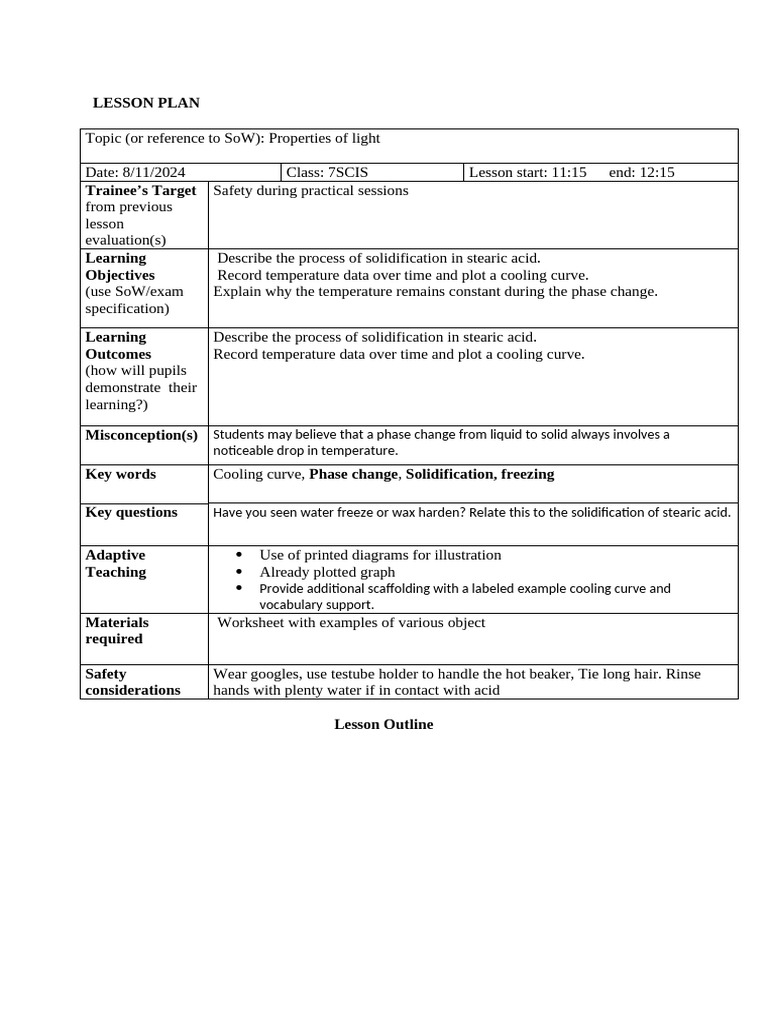 Lesson Plan On Cooling Curve | PDF | Freezing | Temperature