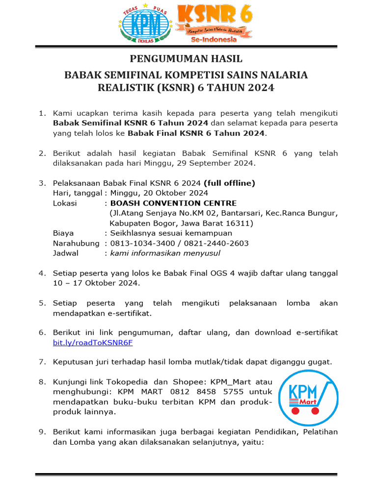 Hasil Semifinal KSNR 6 Tahun 2024 | PDF