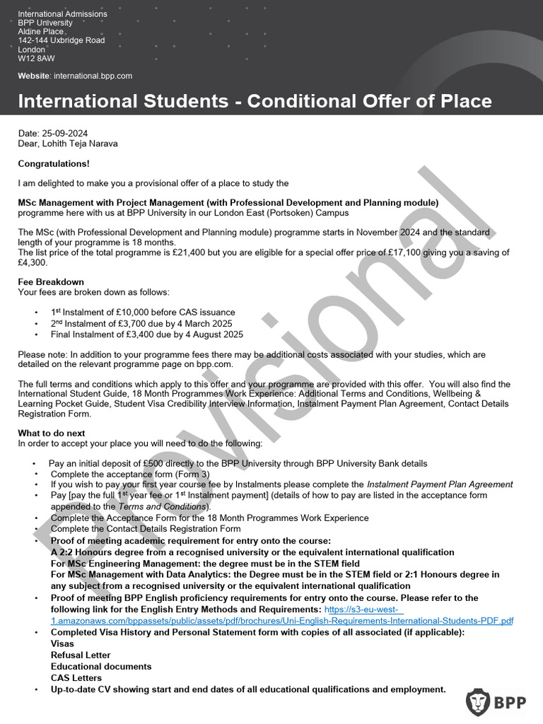 BPP Offer Letter (0502860094) | PDF | Travel Visa