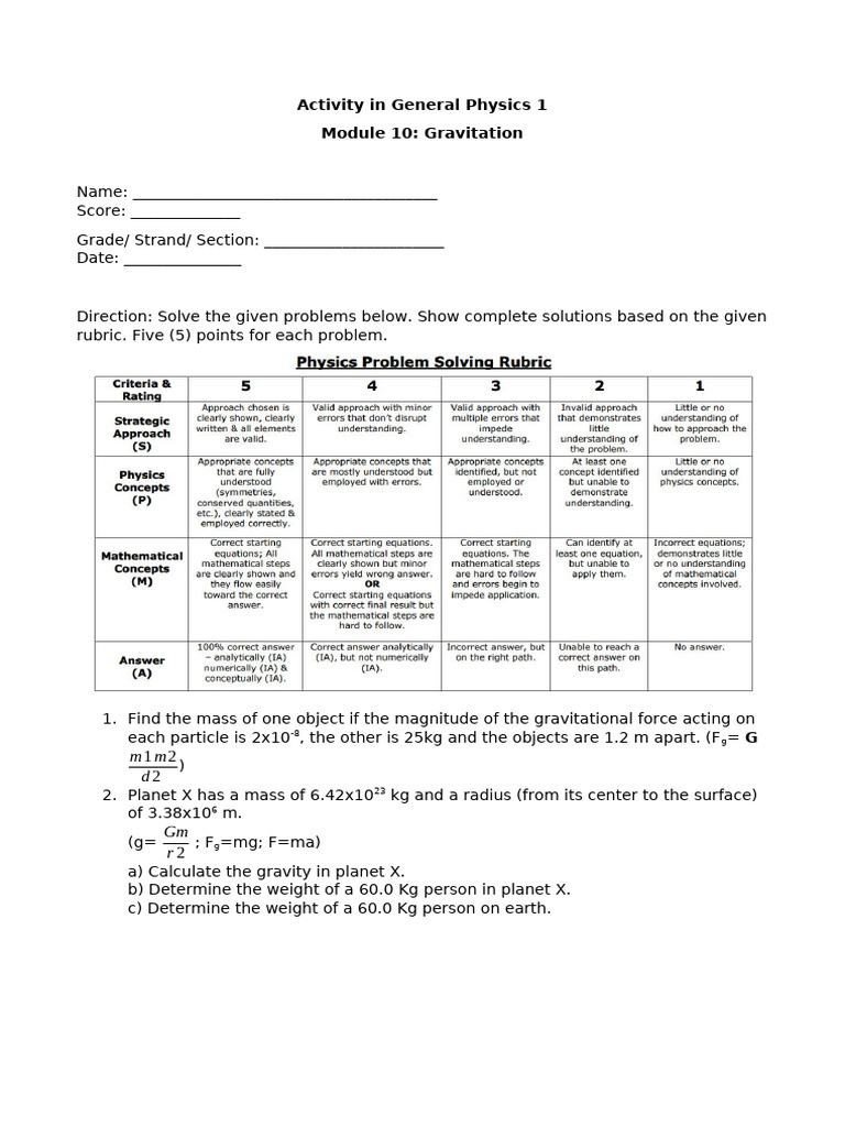 Activity in General Physics 1 - Module 10 - Gravitation | PDF | Science & Mathematics